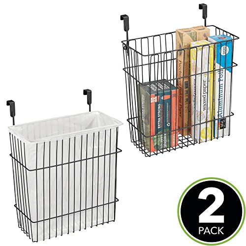 mDesign Steel Metal Wire Hanging Over Door Kitchen Storage Organizer Basket/Trash Can - Cabinet Door Holder Bins for Bags, Tin Foil, Wax Paper, Cling Wrap - Concerto Collection, 2 Pack, Matte Black