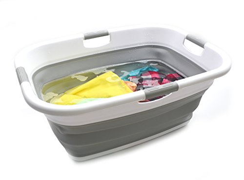 SAMMART 49L Collapsible 4 Handled Laundry Basket-Foldable Storage Container-Portable Washing Bin-Space Saving-Pet Bath Tub,Water capacity 37L (1, Grey), Size: 25.4 x 18.7 x 10.25 inches