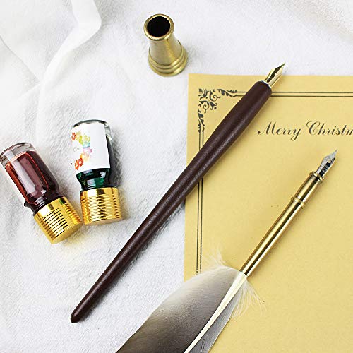 FEATTY GIFTS Calligraphy Pen Set,12-Piece Kit, 5 Nib & 5 Ink Set,Writing Quill Pen,Anitque Dip Feather Pen Set (wood+feather)