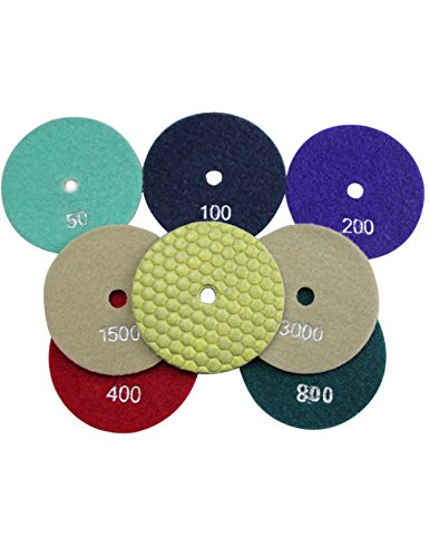 Konfor Diamond Polishing Pads 4 inch Dry/Wet 7 Piece Set for Granite Travertine Concrete Quartz Terrazzo Engineered Stone Countertops