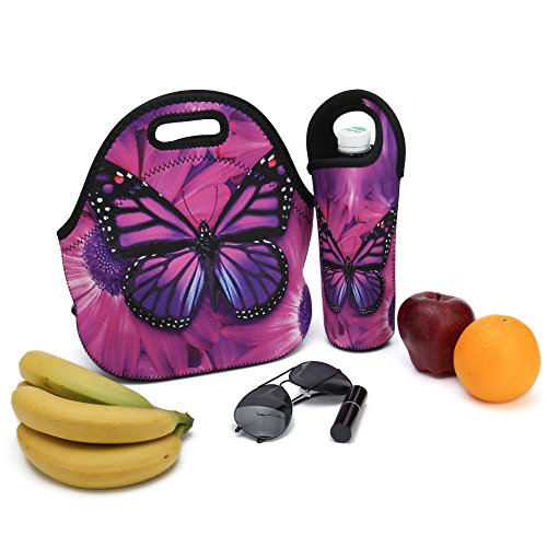 Neoprene Lunch Bag,Thick insulated Lunch Box Bag For Women,Men & Kids Includes Water Bottle Carrier For Snacks & Lunch- Lightweight|Rugged Lunchbox |For Travel,Picnic,School,Office (Purple Butterfly)