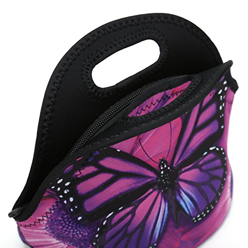 Neoprene Lunch Bag,Thick insulated Lunch Box Bag For Women,Men & Kids Includes Water Bottle Carrier For Snacks & Lunch- Lightweight|Rugged Lunchbox |For Travel,Picnic,School,Office (Purple Butterfly)