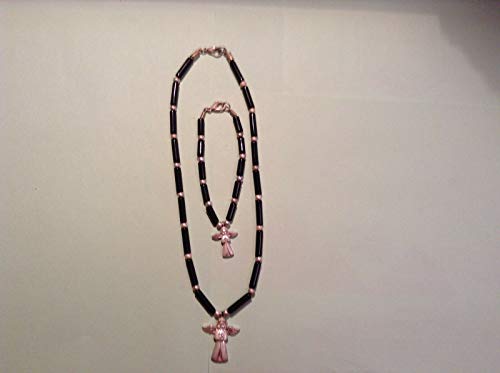 Plastic bead 17" Necklace & 7" Bracelets, black, & silver color with pendent