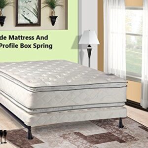 Mattress Solution Medium Plush Double Sided Pillowtop Innerspring Fully Assembled Mattress and 4" Low Profile Wood Box Spring/Foundation Set, Queen, White LT Brown