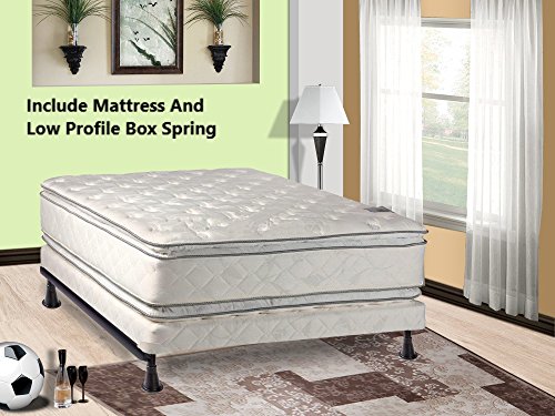 Mattress Solution Medium Plush Double Sided Pillowtop Innerspring Fully Assembled Mattress and 4" Low Profile Wood Box Spring/Foundation Set, Queen, White LT Brown