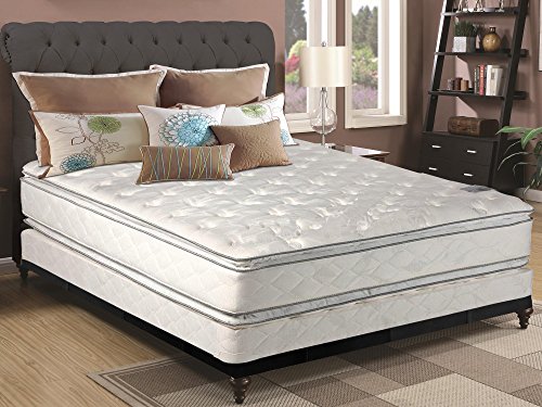 Mattress Solution Medium Plush Double Sided Pillowtop Innerspring Fully Assembled Mattress and 4" Low Profile Wood Box Spring/Foundation Set, Queen, White LT Brown