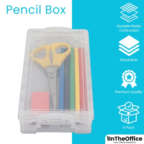 1InTheOffice Pencil Box, Stackable Translucent Clear 8.25 x 1.5 x 4 Inches, (4 Pack)