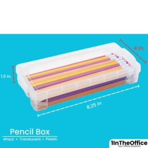 1InTheOffice Pencil Box, Stackable Translucent Clear 8.25 x 1.5 x 4 Inches, (4 Pack)