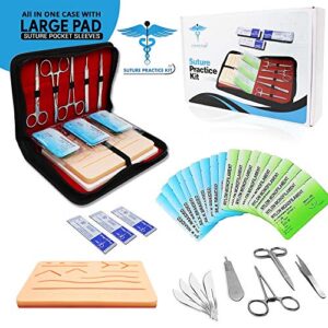 suture practice kit w suturing guide e-book,[large case large pad & variety of sutures w slots] 4th gen pad, tools suture needles by medical professionals for residents med dental vet school students