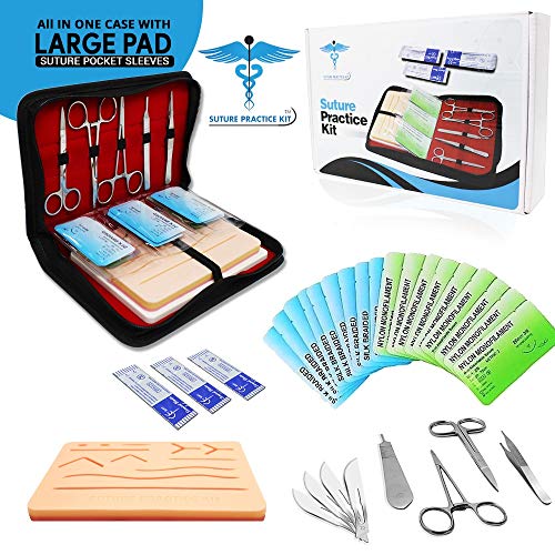 Suture Practice Kit w Suturing Guide E-Book,[Large Case Large Pad & Variety of Sutures w Slots] 4th Gen Pad, Tools Suture Needles by Medical Professionals for Residents Med Dental Vet School Students