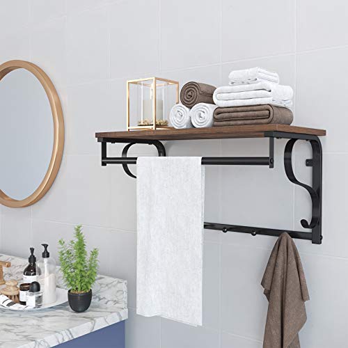 VASAGLE Coat Rack Wall Mount, Wall Hooks with Shelf, Hanging Rail, 5 Hooks, for Entryway, Bathroom, Laundry Room, Rustic Brown and Black ULCR11BX