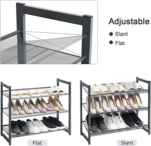 SONGMICS Shoe Rack for Closet, 3-Tier Shoe Storage, Metal Shoe Organizer for Garage Entryway, Stackable Shoe Stand with Adjustable Flat or Angled Shelves, Holds 9-12 Pairs, Cool Gray ULMR03GB