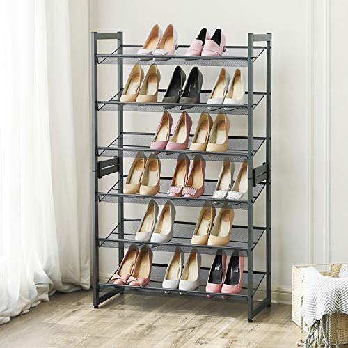 SONGMICS Shoe Rack for Closet, 3-Tier Shoe Storage, Metal Shoe Organizer for Garage Entryway, Stackable Shoe Stand with Adjustable Flat or Angled Shelves, Holds 9-12 Pairs, Cool Gray ULMR03GB