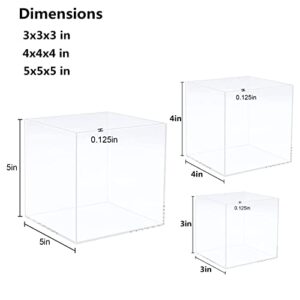 Cliselda 3pcs Clear Acrylic Display Boxes, Acrylic Cube Stand Risers Showcase, Acrylic Display Case for Collectibles Action Figures Toys (5 Sided Acrylic Box)