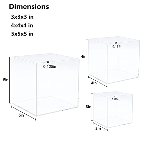 Cliselda 3pcs Clear Acrylic Display Boxes, Acrylic Cube Stand Risers Showcase, Acrylic Display Case for Collectibles Action Figures Toys (5 Sided Acrylic Box)