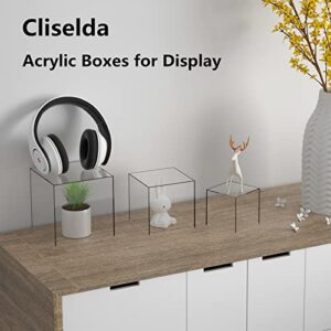 Cliselda 3pcs Clear Acrylic Display Boxes, Acrylic Cube Stand Risers Showcase, Acrylic Display Case for Collectibles Action Figures Toys (5 Sided Acrylic Box)