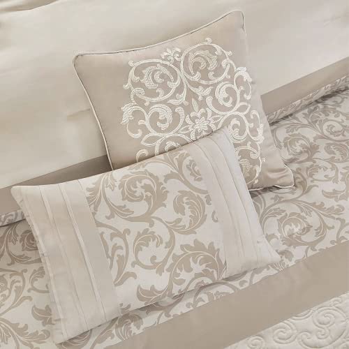 510 DESIGN Luxe Quilted Comforter Set Modern Transitional Design, All Season Down Alternative Warm Bedding Matching Shams, Bedskirt, Decorative Pillow, Queen, Ramsey Damask Neutral