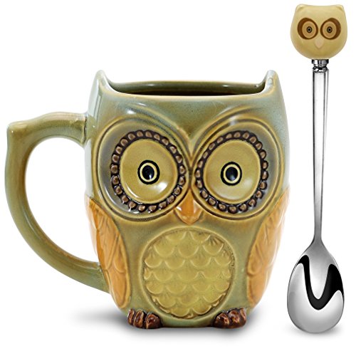 SQOWL 3D Coffee Mug Funny Cute Owl Ceramic Cup Coffee Mug with spoon Tea Mugs Set for Women and girls 12 oz Cyan