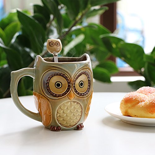 SQOWL 3D Coffee Mug Funny Cute Owl Ceramic Cup Coffee Mug with spoon Tea Mugs Set for Women and girls 12 oz Cyan