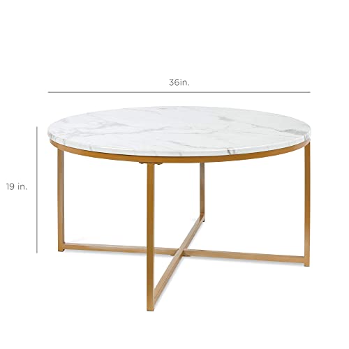 Best Choice Products 36in Faux Marble Accent Table, Modern End Table, Large Coffee Table Home Decor for Living Room, Dining Room, Tea, Coffee w/Metal Frame, Foot Caps, Designer - White/Gold