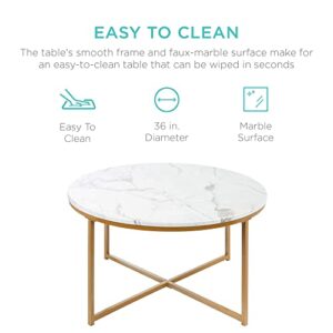 Best Choice Products 36in Faux Marble Accent Table, Modern End Table, Large Coffee Table Home Decor for Living Room, Dining Room, Tea, Coffee w/Metal Frame, Foot Caps, Designer - White/Gold