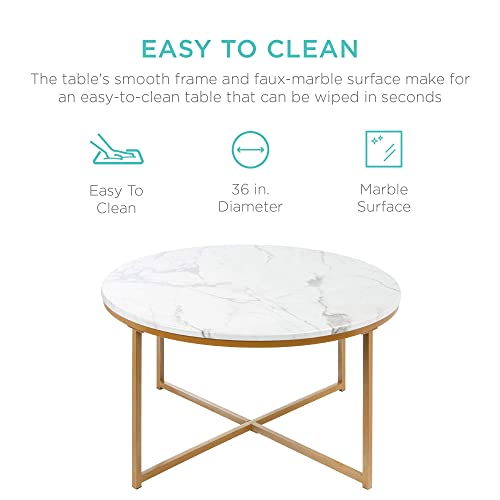 Best Choice Products 36in Faux Marble Accent Table, Modern End Table, Large Coffee Table Home Decor for Living Room, Dining Room, Tea, Coffee w/Metal Frame, Foot Caps, Designer - White/Gold