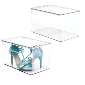 mdesign stackable plastic closet storage container bin box with hinge lid for organizing shoes, booties, pumps, sandals, wedges, flats, heels - lumiere collection - 2 pack - clear