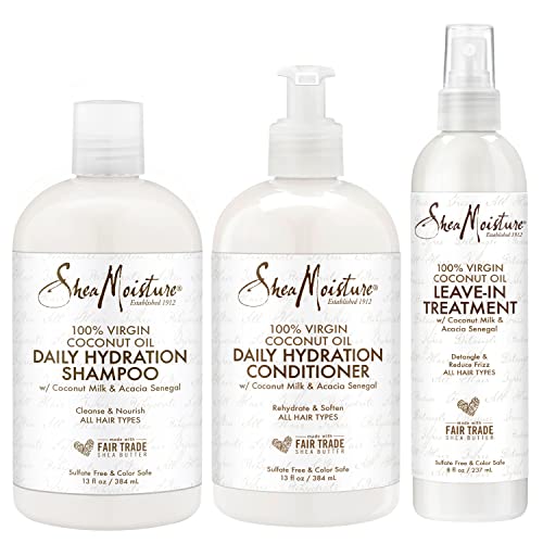 Shea Moisture Shampoo and Conditioner Set, 13 Fl Oz Ea with Leave In Treatment Spray 8 Fl Oz, Daily Hydration 100% Virgin Coconut Oil, Curly Hair Products Bundle, Shea Butter, Coconut Milk