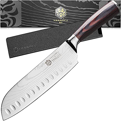 KESSAKU Santoku Knife - 7 inch - Samurai Series - Razor Sharp Kitchen Knife - Forged 7Cr17MoV High Carbon Stainless Steel - Wood Handle with Blade Guard