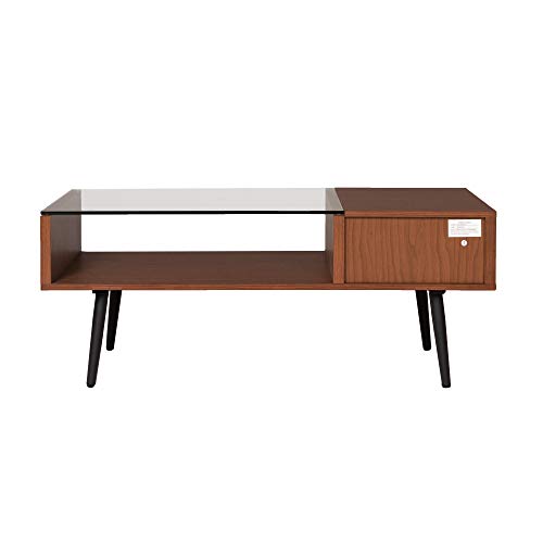 Walker Edison Montclair Mid Century Modern Glass Top 1 Drawer Coffee Table, 42 Inch, Glass and Acorn