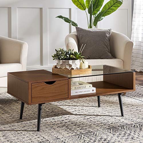 Walker Edison Montclair Mid Century Modern Glass Top 1 Drawer Coffee Table, 42 Inch, Glass and Acorn