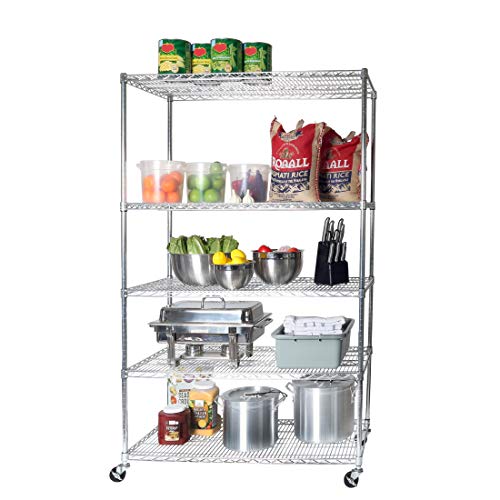 Seville Classics Ultradurable Commercial Grade Nsf Certified Steel Wire Wheels Organizer for Garage, Warehouse, Office, Restaurant, Classroom, Kitchen, 5-Tier Shelving, 48" W x 24" D