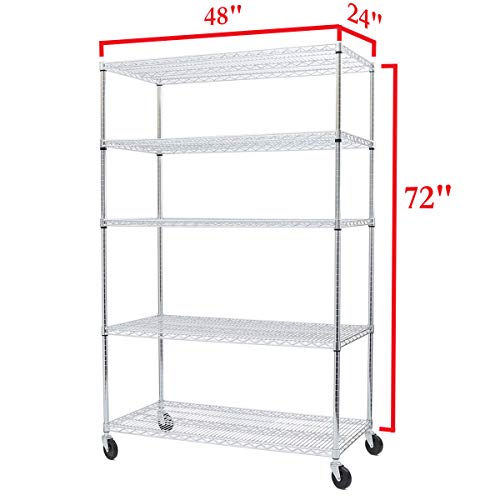 Seville Classics Ultradurable Commercial Grade Nsf Certified Steel Wire Wheels Organizer for Garage, Warehouse, Office, Restaurant, Classroom, Kitchen, 5-Tier Shelving, 48" W x 24" D