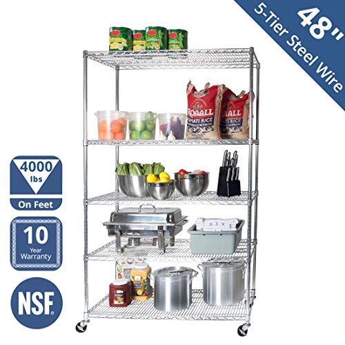 Seville Classics Ultradurable Commercial Grade Nsf Certified Steel Wire Wheels Organizer for Garage, Warehouse, Office, Restaurant, Classroom, Kitchen, 5-Tier Shelving, 48" W x 24" D