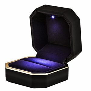 aveson luxury ring box, square velvet wedding ring case jewelry gift box with led light for proposal engagement wedding, black