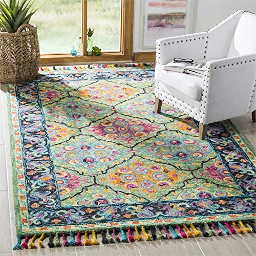 SAFAVIEH Aspen Collection Accent Rug - 4' x 6', Light Green & Black, Handmade Boho Braided Tassel Wool, Ideal for High Traffic Areas in Entryway, Living Room, Bedroom (APN114Y)