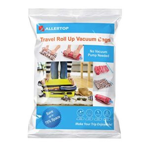 allertop 10 travel space saver bags (4 x-large, 4 large, 2 medium) minimize suitcases & luggage weight. roll-up compression, no need vacuum machine pump. separate clean clothes from dirty ones