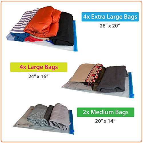 AllerTOP 10 Travel Space Saver Bags (4 X-Large, 4 Large, 2 Medium) Minimize Suitcases & Luggage Weight. Roll-Up Compression, No Need Vacuum Machine Pump. Separate Clean Clothes from Dirty Ones