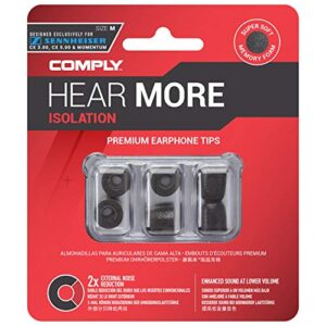 Comply Isolation Plus Memory Foam Earbuds Tips for Sennheiser Momentum/HD 1,IE 800 S,CX 3.00,5.00,6.00BT & 7.00BT with Noise Reduction, WaxGuard, and Secure Fit (Assorted, 3 Pair), Black (19-30204-11)