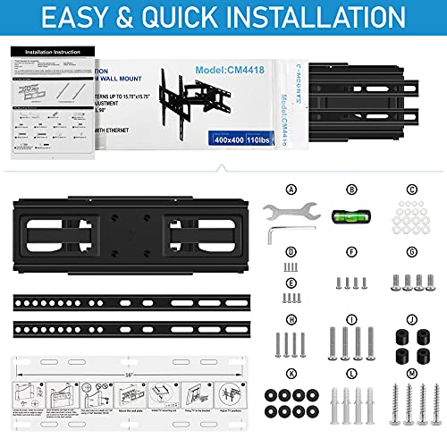 C-MOUNTS Full Motion TV Wall Mount Bracket with Articulating Dual Arm Swivel and Tilt fit 26 to 55 Inch Flat Screen TVs,Max VESA 400X400 and 110lbs,Fits up to 16" Studs