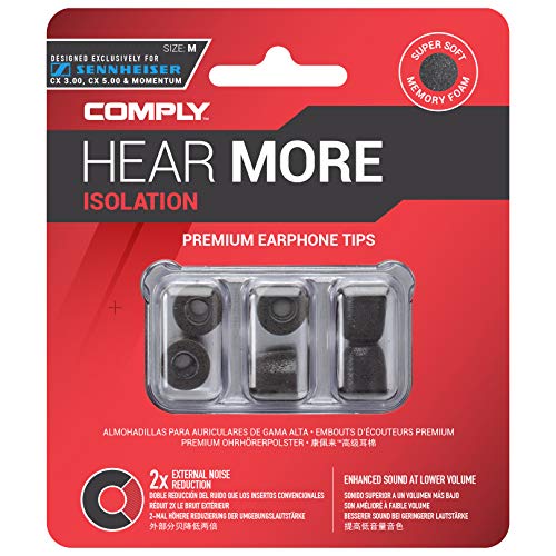 Comply Isolation Plus Premium Noise-Cancelling Memory Foam Replacement Earbud Tips for Sennheiser HD1 Momentum MIE2, IE 800 S, and CX 3.00 Earphones with a Comfortable Secure Fit (Medium,3 Pairs)