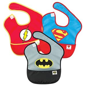 bumkins dc comics, batman, superman, the flash, superbib, baby bib, waterproof, washable, stain and odor resistant, 6-24 months (pack of 3)