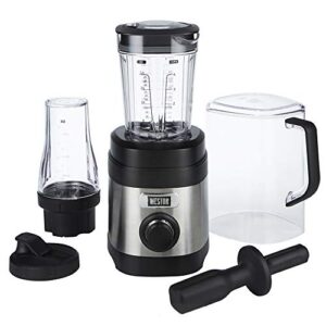 weston sound shield pro series 1.6hp blender with 32oz + 20oz blend-in personal jar, variable speed dial for puree, ice crush, shakes and smoothies, black and stainless steel (58918)