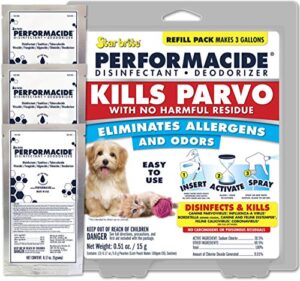 star brite performacide no-rinse disinfectant / deodorizer for pet surfaces | kills parvovirus, ringworm, feline calicivirus, avian influenza (bird flu), 3 gallon eco-friendly refill pouches