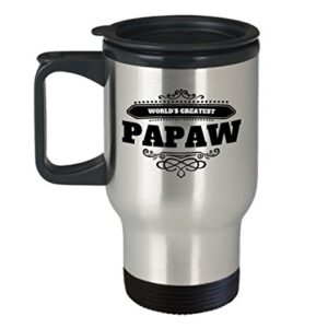 Papaw Travel Coffee Mug World's Greatest Gift With Handle, Lid Insulated Stays Hot Stainless Commuter No Spill