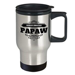 Papaw Travel Coffee Mug World's Greatest Gift With Handle, Lid Insulated Stays Hot Stainless Commuter No Spill