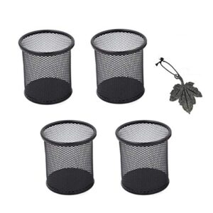 tsy tool 4 pack 4" inch black round cylinder shape mesh pen holder metal jumbo pencil cup pen organizer medium size - bonus leaf bookmark