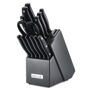 mccook mc39 14 pieces full tang triple rivet kitchen knife block set with built-in sharpener and kitchen scissor, black