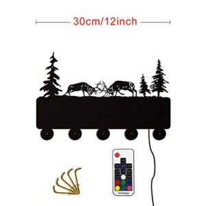 The Geeky Days Wildlife Elk Fighting Wall Art Coat Hooks Coat Hanger Home Decor Modern Art Wall Hook Animal Coat Hat Key Hanging Decorative Wall Hook Robe Hanger with LED Backlight