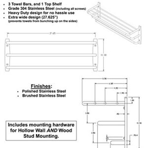 FPL Oversized 28 Inch Stainless Steel Hotel Towel Rack & Shelf in Brushed Stainless Steel Finish